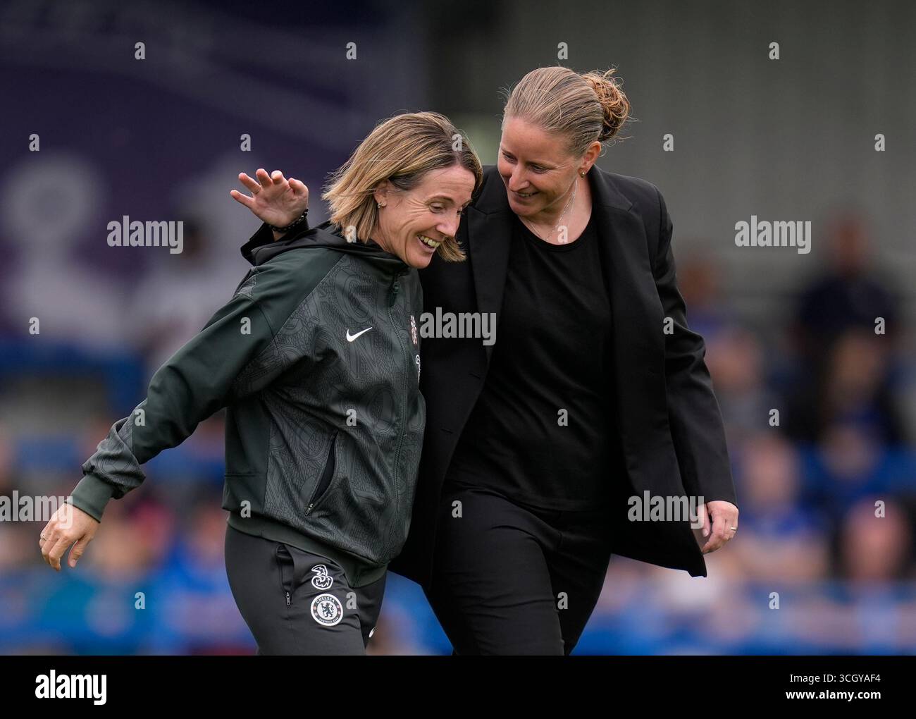 Chelsea head coach Sonia Bompastor (left) and AC Milan head coach Suzanne Bakker after the pre ...