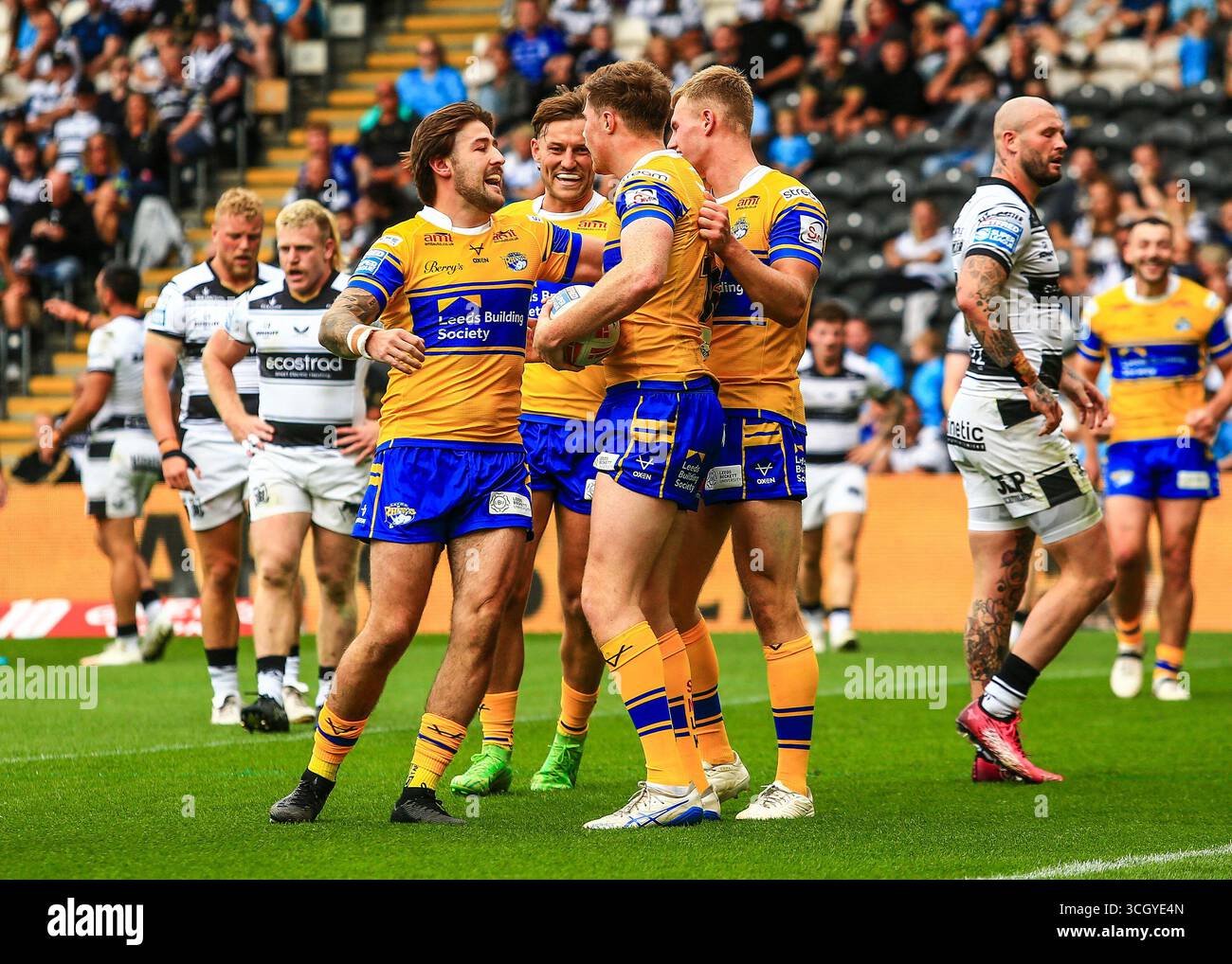 Morgan Gannon of Leeds Rhinos celebrates his try during the Betfred ...