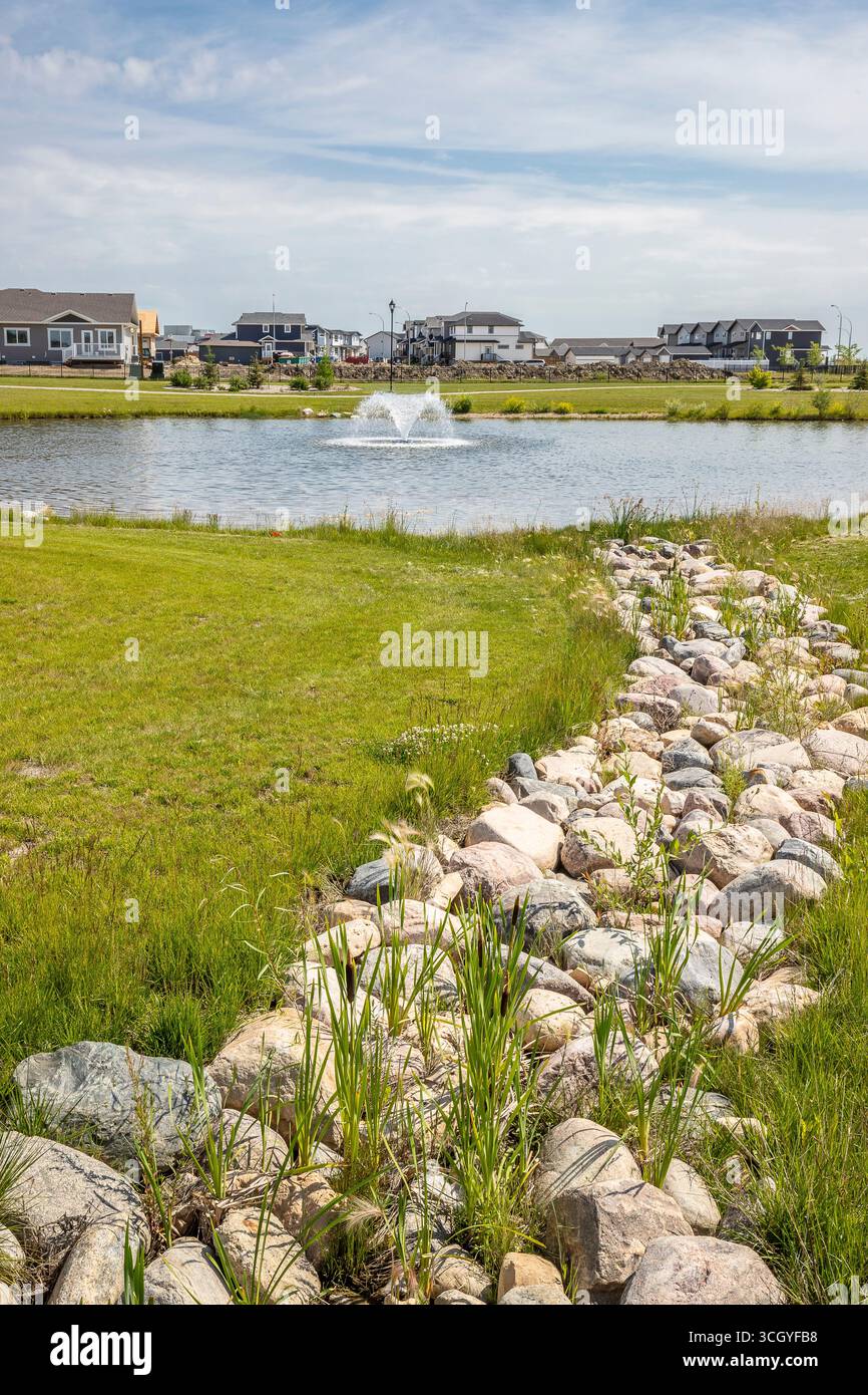 Vibrant summer scene of Lake Vista Park with green spaces, water ...