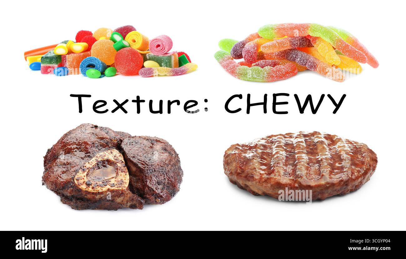 Food with chewy texture, collage. Dishes and gummy candies isolated on ...