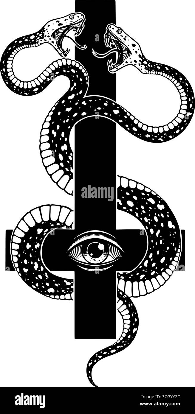 A two-headed snake wraps around an inverted cross. Vector illustration ...