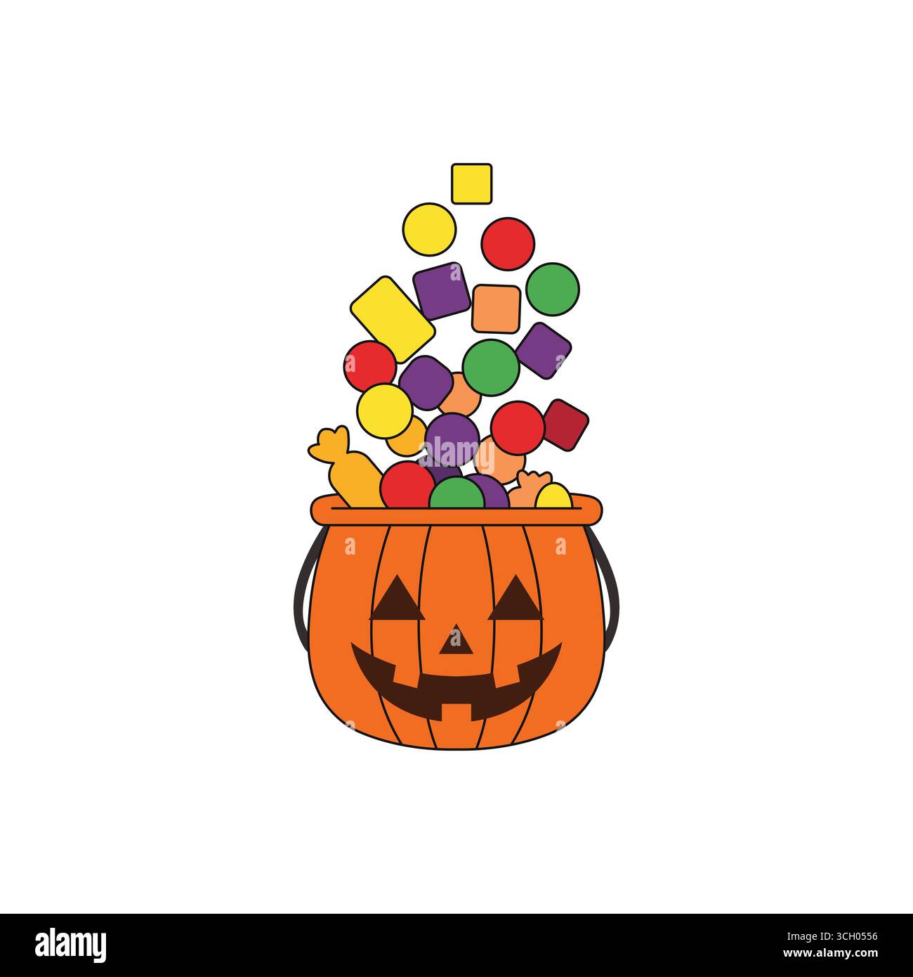 Pumpkin bucket overflowing with colorful candies for a Halloween trick ...