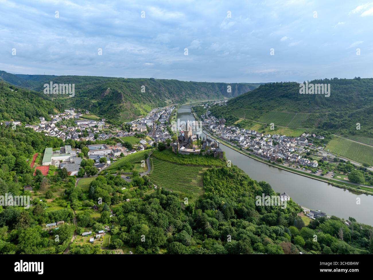 an aerial landscape view of the Mosel Valley and Cochem town and castle ...