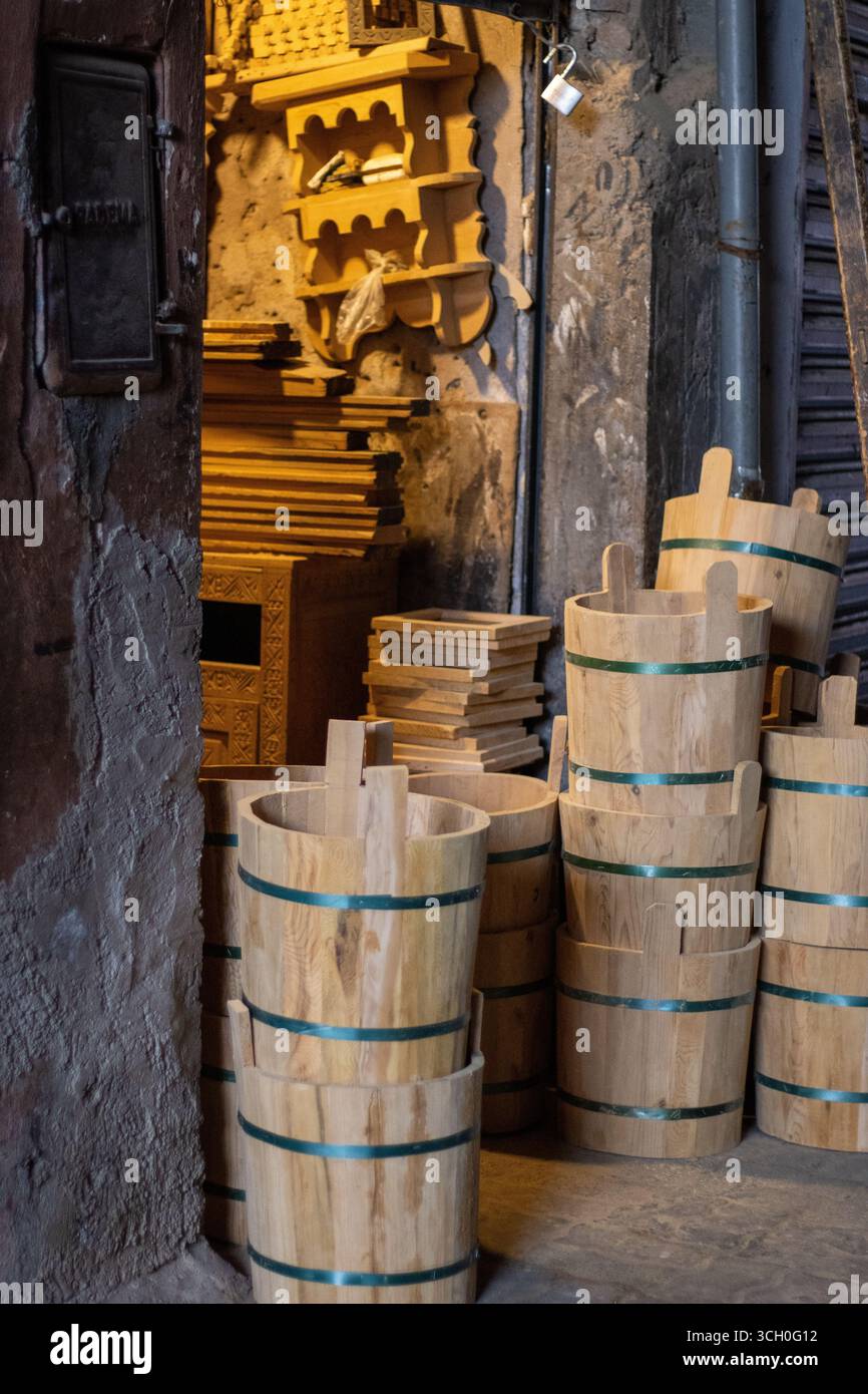 pile of new traditional buckets in a shop front Stock Photo - Alamy