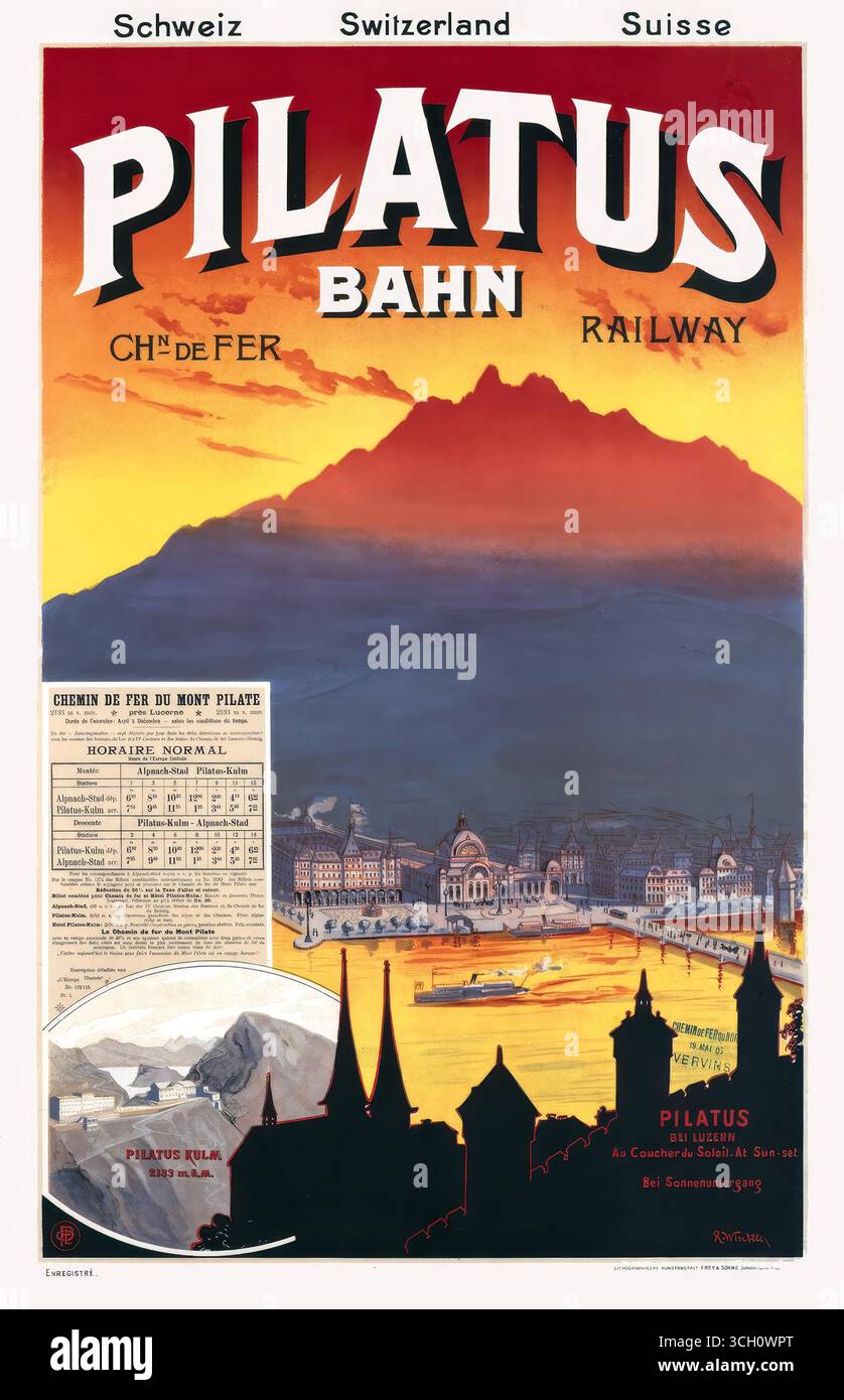 A gorgeous 1905 vintage travel poster for Mont Pilatus at Lucerne in ...
