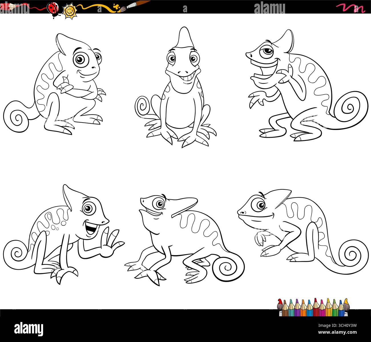Cartoon illustration of funny chameleons comic animal characters set ...