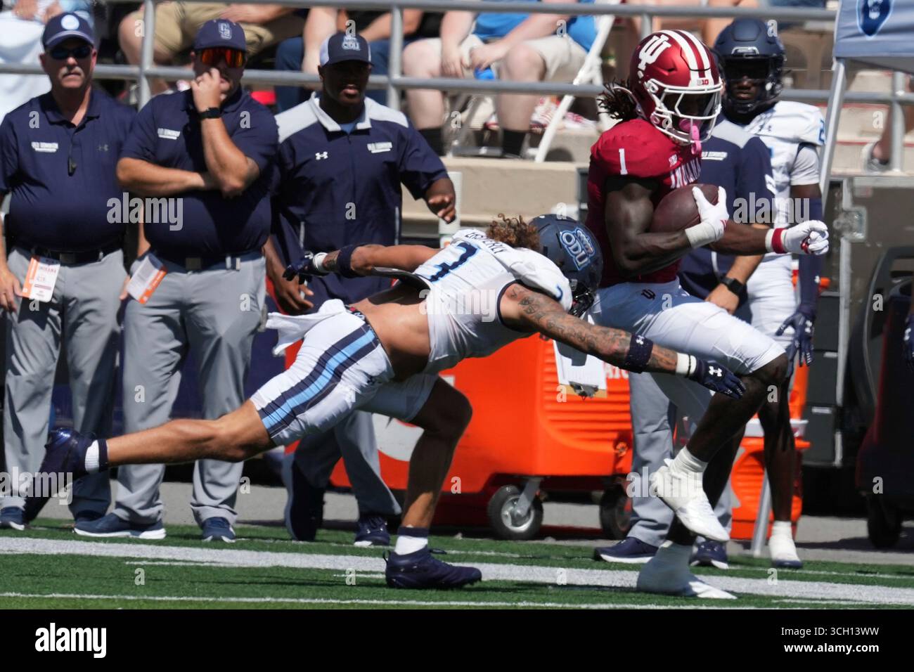 Indiana running back Roman Hemby (1) is tackled by Old Dominion safety ...