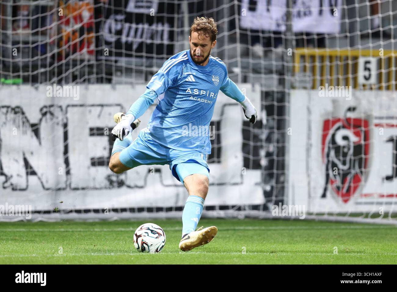 Eupen's goalkeeper Marco Hiller pictured in action during a soccer game ...