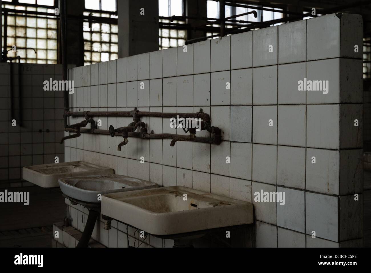 Showers and pipework inside the former miners’ washroom at Vinařice ...
