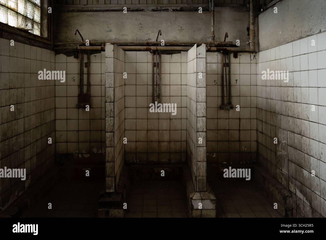 Showers and pipework inside the former miners’ washroom at Vinařice ...