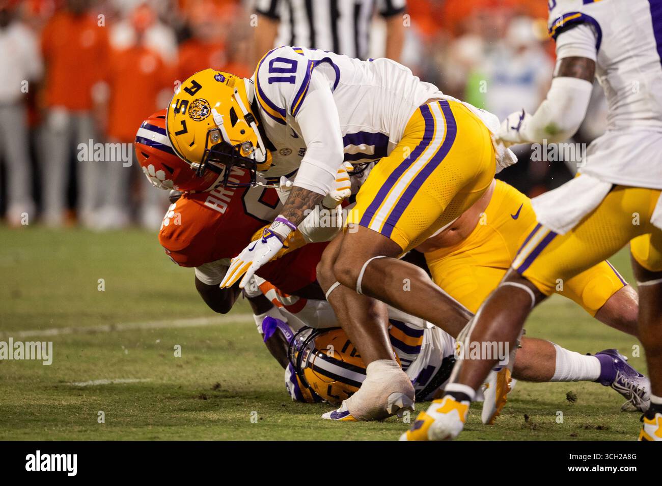 August 30, 2025: LSU Tigers safety Dashawn Spears (10) stops Clemson ...