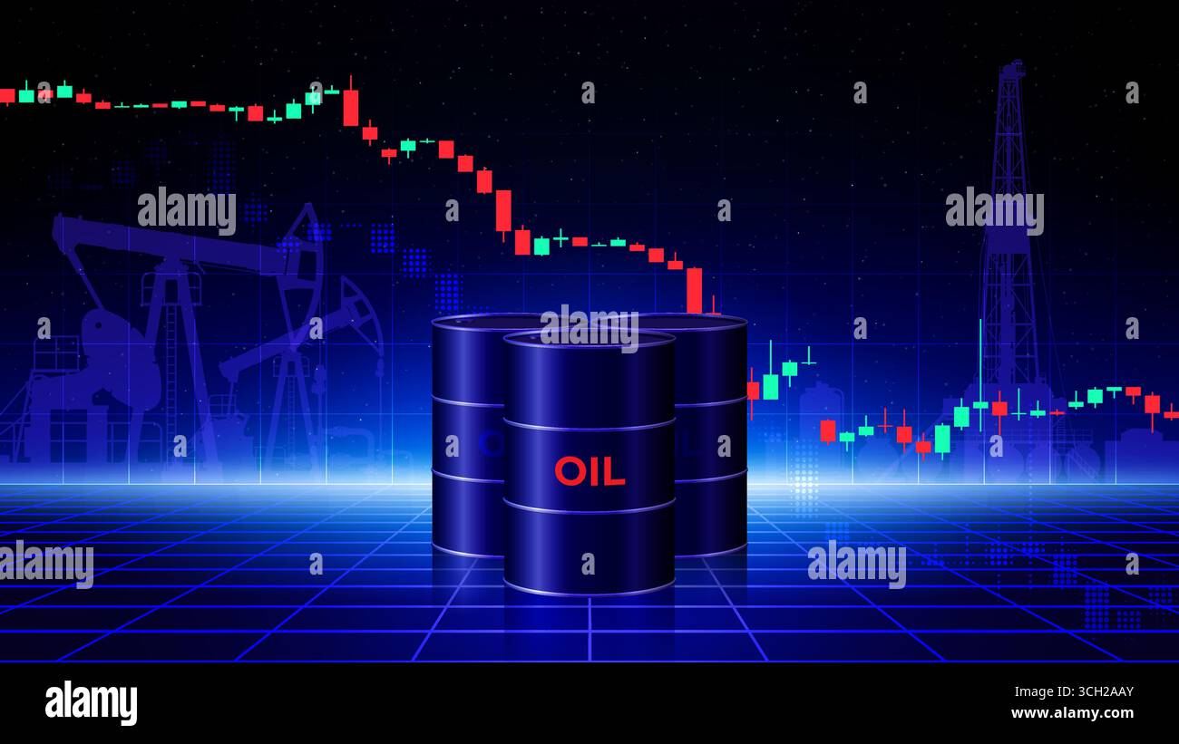 Chart of falling oil prices per barrel. Crude oil barrels on dark ...