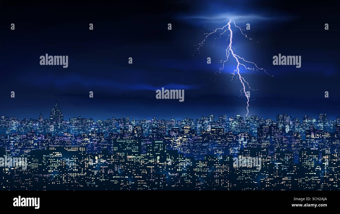 Cityscape with thunderstorm, lightning, city buildings at night. City ...