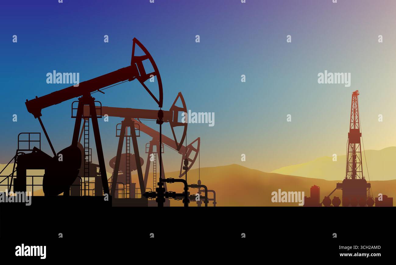 Pumpjack. Land crude oil drilling rig, derrick. Oil field, pump jack ...