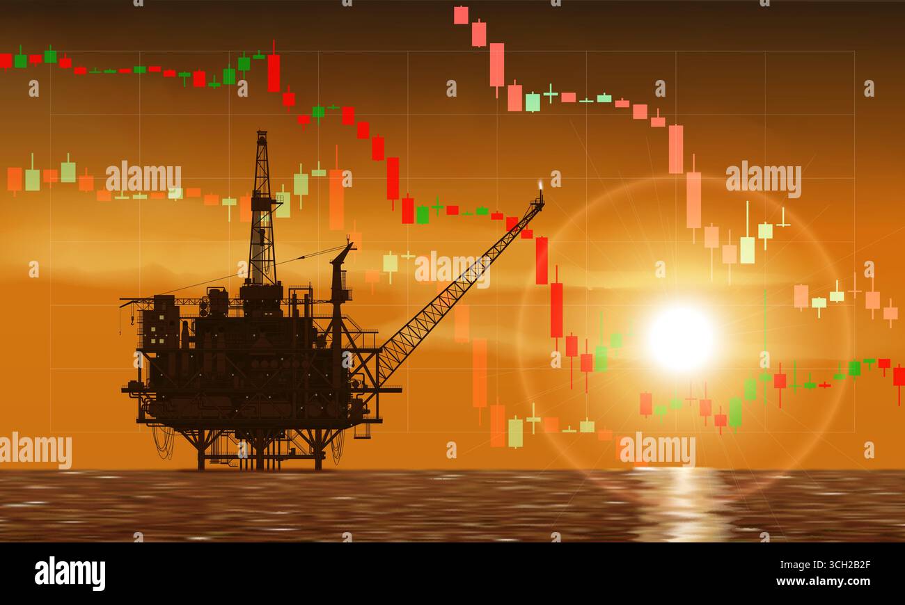 Falling price. Offshore oil drilling rig, platform on oil price chart ...