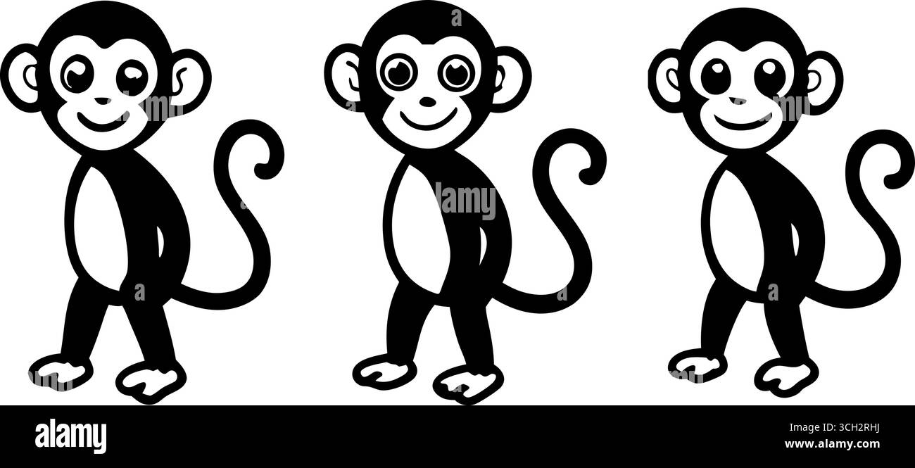 Three cute cartoon monkeys standing side by side simple drawing fun ...