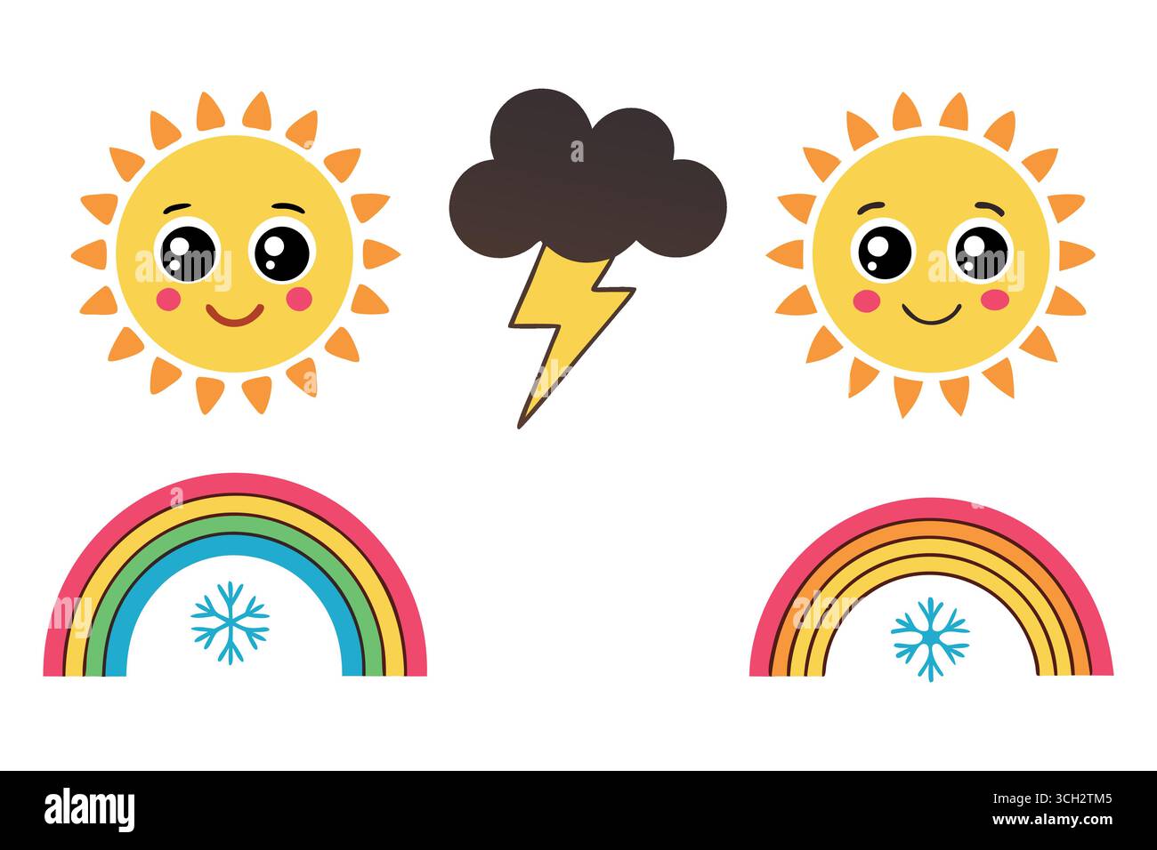 Cute weather icons featuring sun cloud lightning and rainbows Stock ...