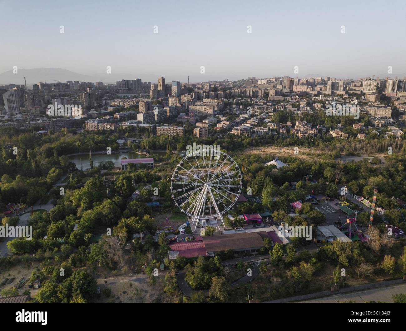 Aerial view of the Ferris wheel amidst lush greenery, contrasting with ...