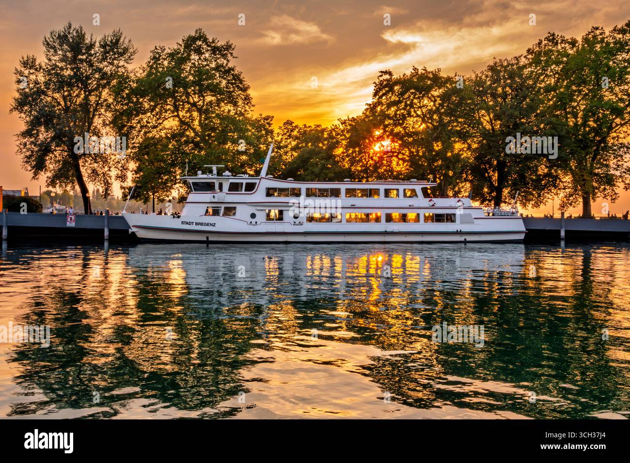 Passenger ship in the harbor at sunset, Bregenz, Lake Constance ...