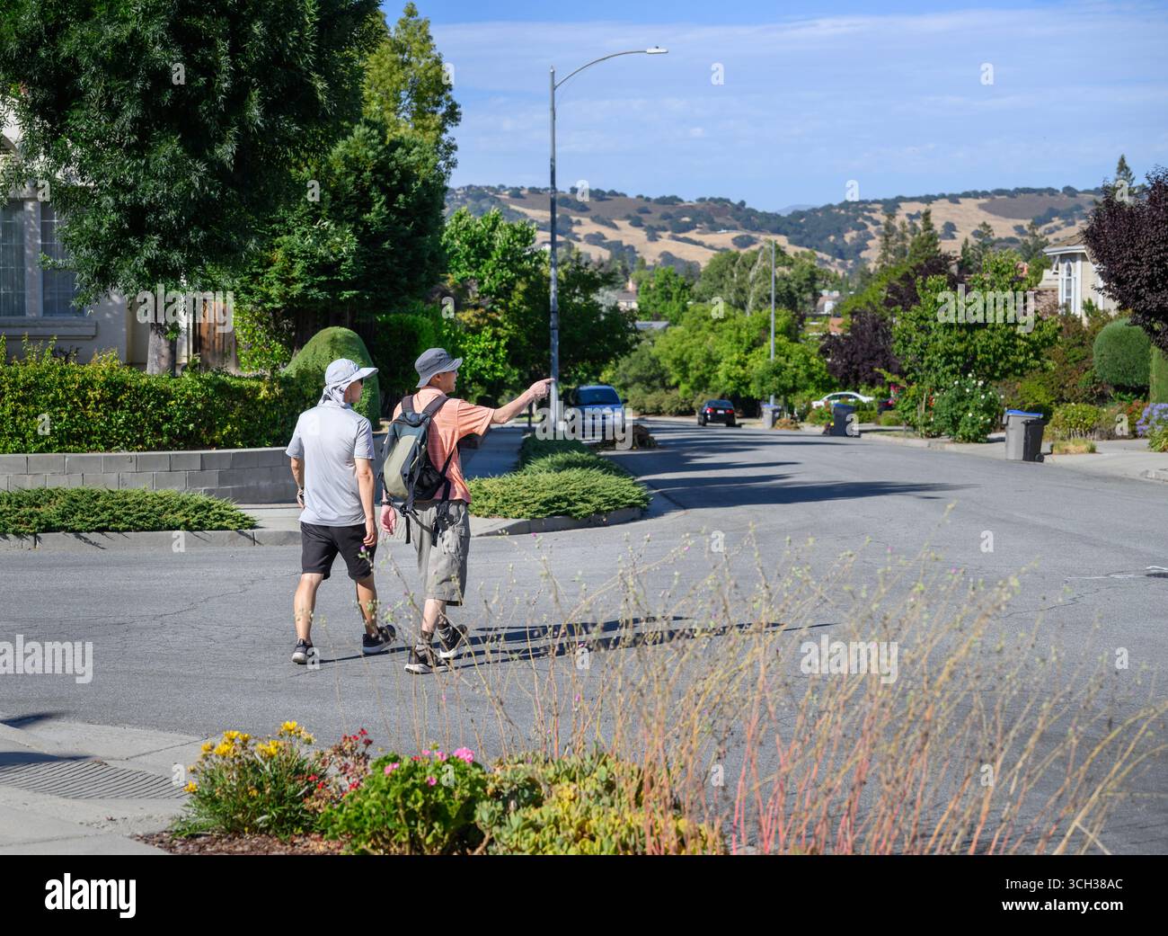 Two men crossing the street in a leafy walkable suburb. California ...