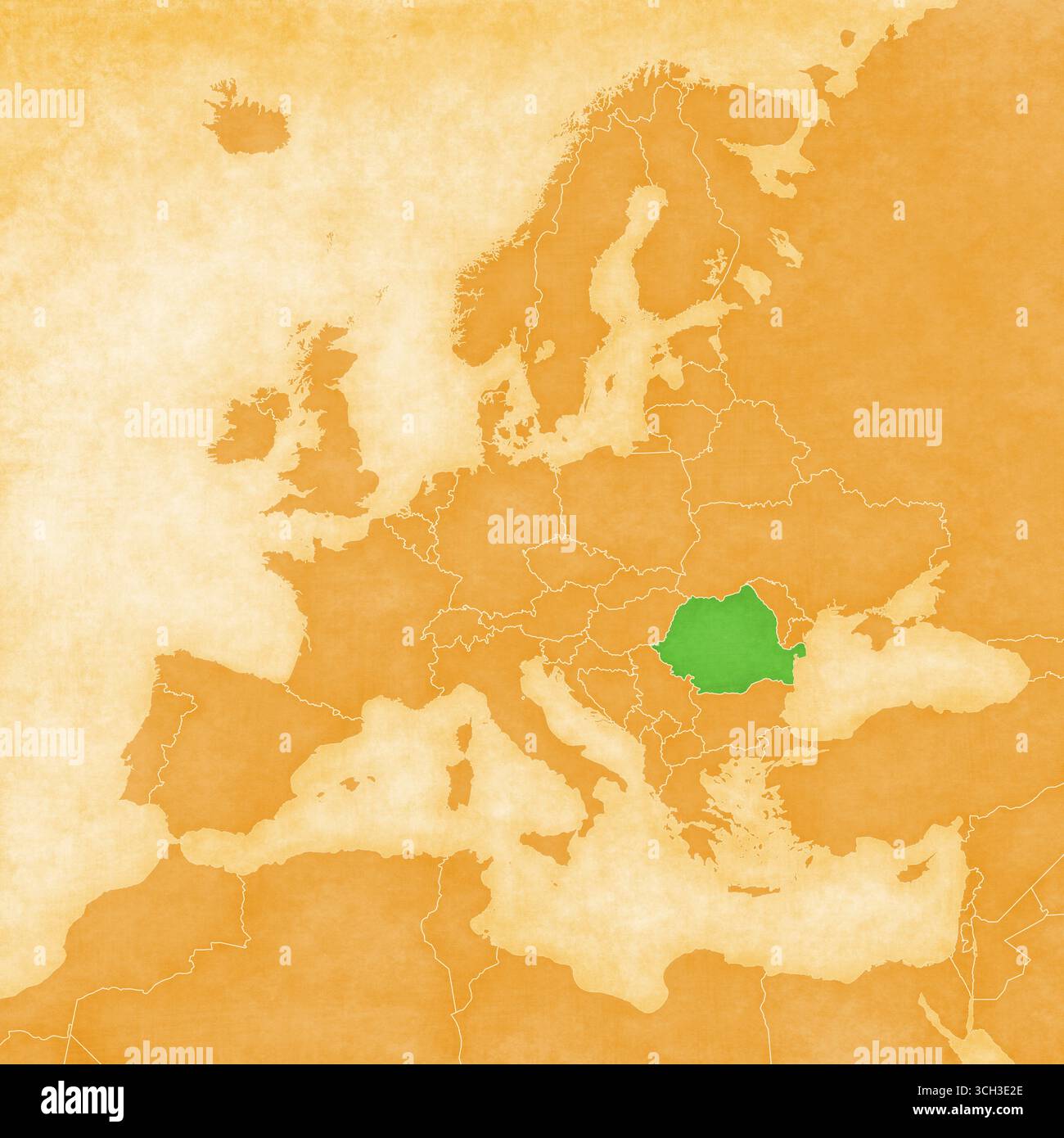 Romania on an ocher retro map of Europe on old vintage paper Stock ...