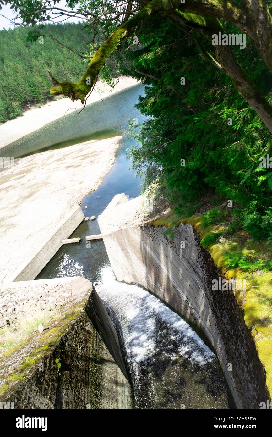 Title: A dynamic view of a concrete dam's spillway with water gushing ...