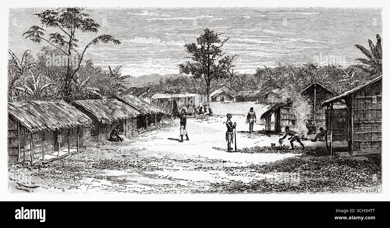 Boundji village. Gabon, Central Africa. Drawing by Edouard Riou (1833 ...
