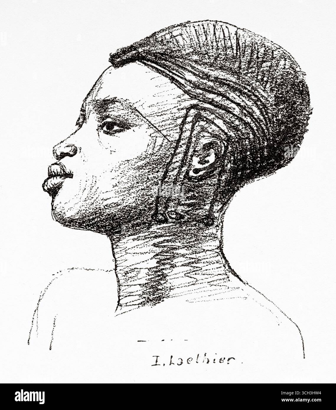 Adouma woman, ethnic group of Gabon, Central Africa. Drawing by Edmond ...