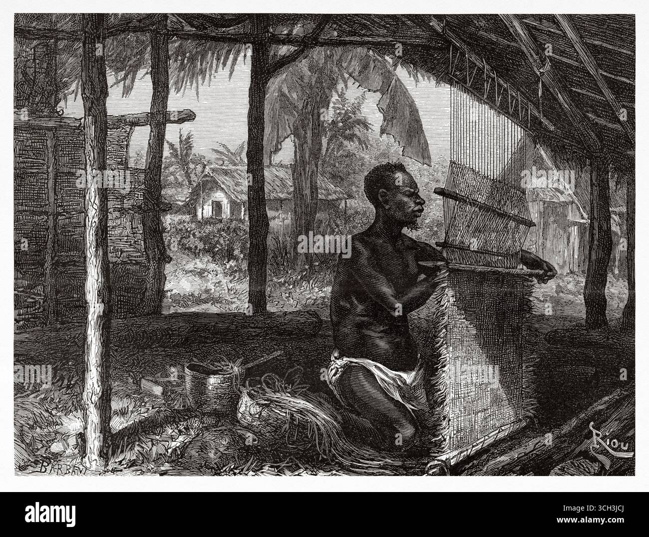 Adoumas people huts with traditional loom, Gabon, Central Africa ...