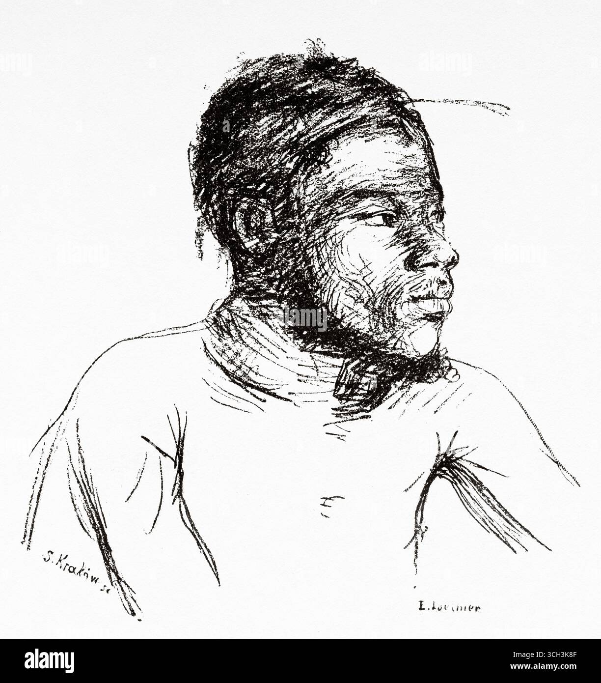Ondoumbo man, ethnic group of Gabon, Central Africa. Drawing by Edmond ...