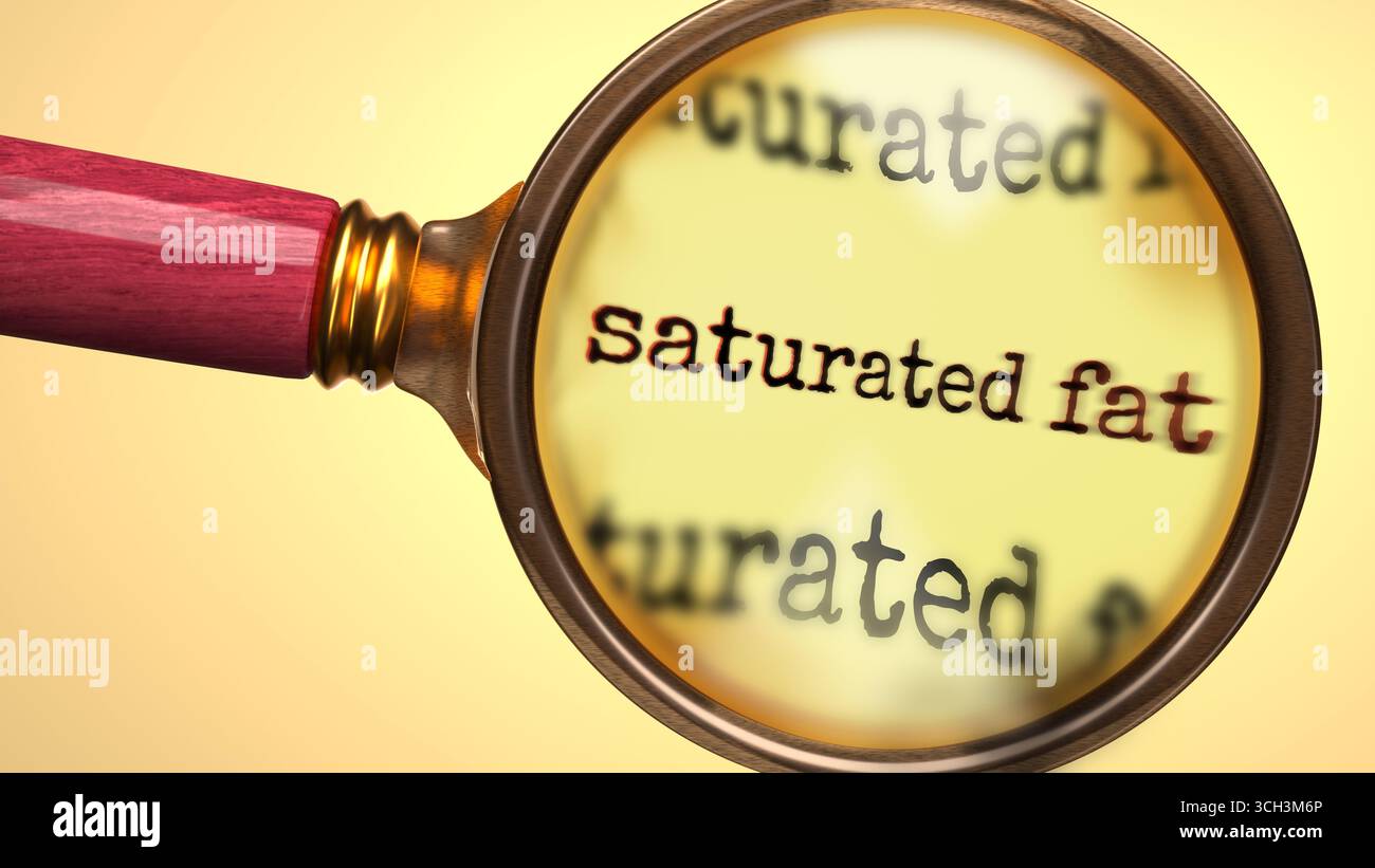 Saturated Fat under magnifying glass. Thorough analysis and inspection ...