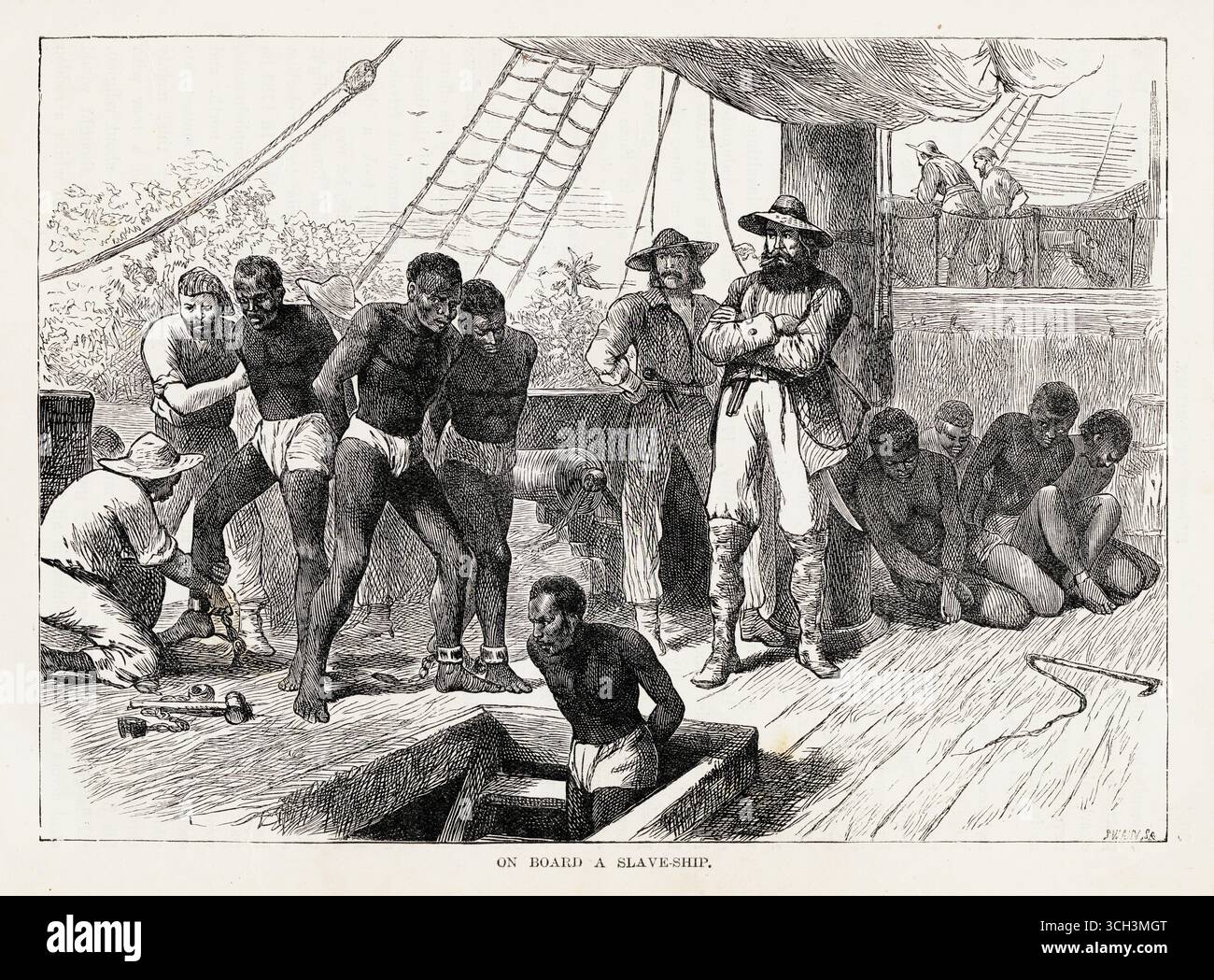 Engraved illustration of captive slaves in chains being loaded onto a ...