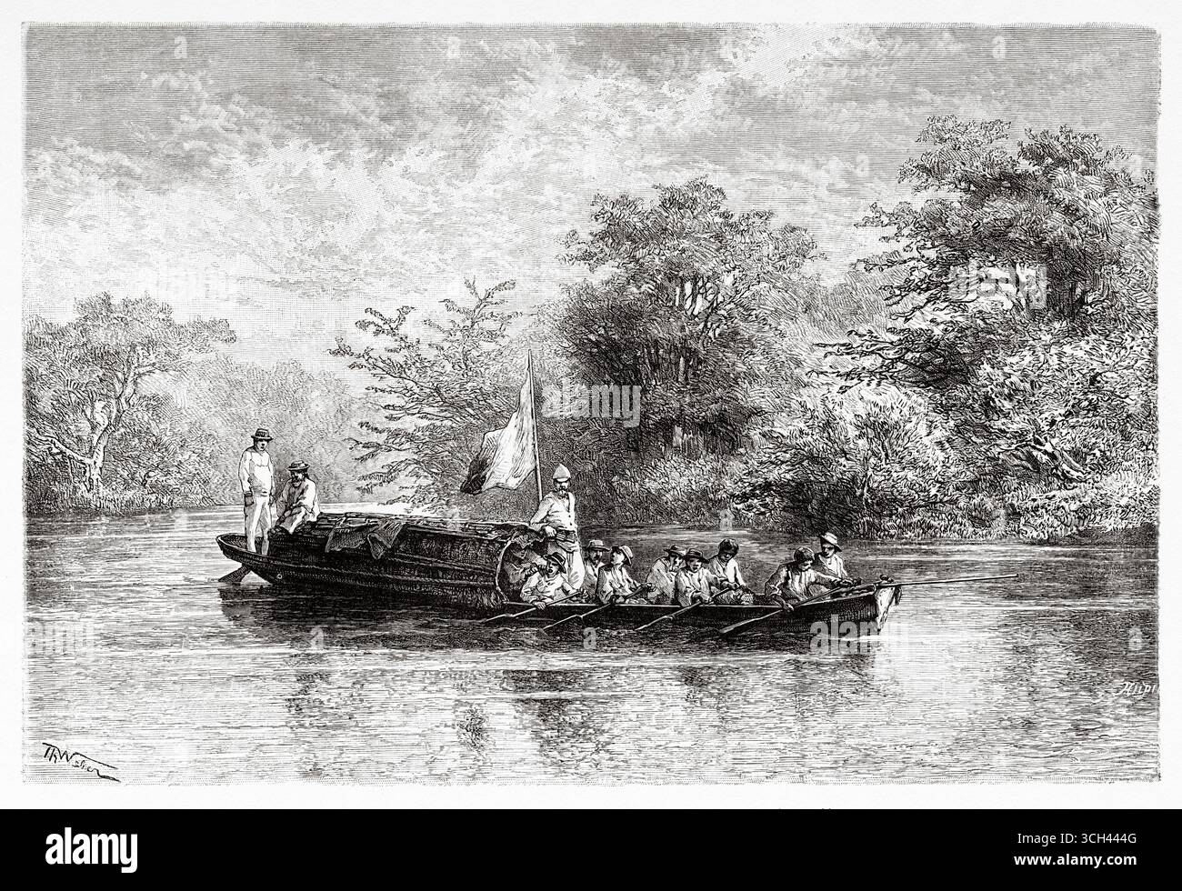 The falca boat of the expedition at the mouth of the Padamo River in ...