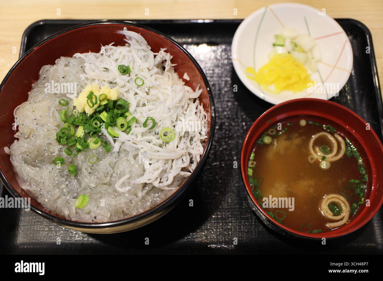 Japanese cuisine: raw whitebait and boiled whitebait rice bowl set meal ...
