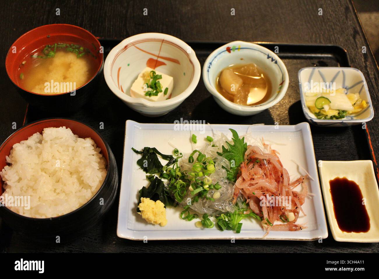 Japanese cuisine: raw whitebait and raw sakura shrimp set meal in ...