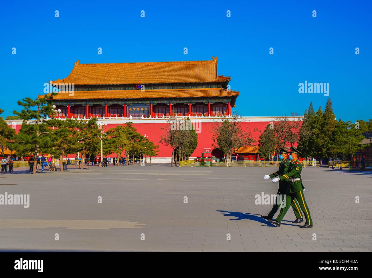 View of several guards marching in front of Tiananmen in Beijing, China ...