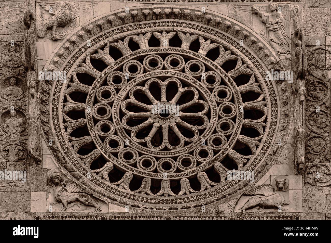 Medieval rose window with Cosmati mosaic inlays and bordered by ...