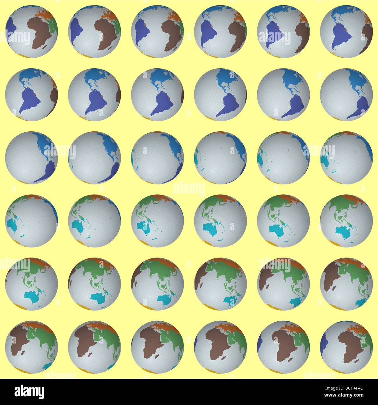 Collection of globes. Tilted sphere view. Rotation step 10 degrees ...