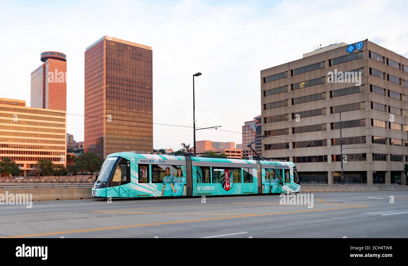 Kansas City, Missouri, USA - August 07, 2025: Electric tram transport ...