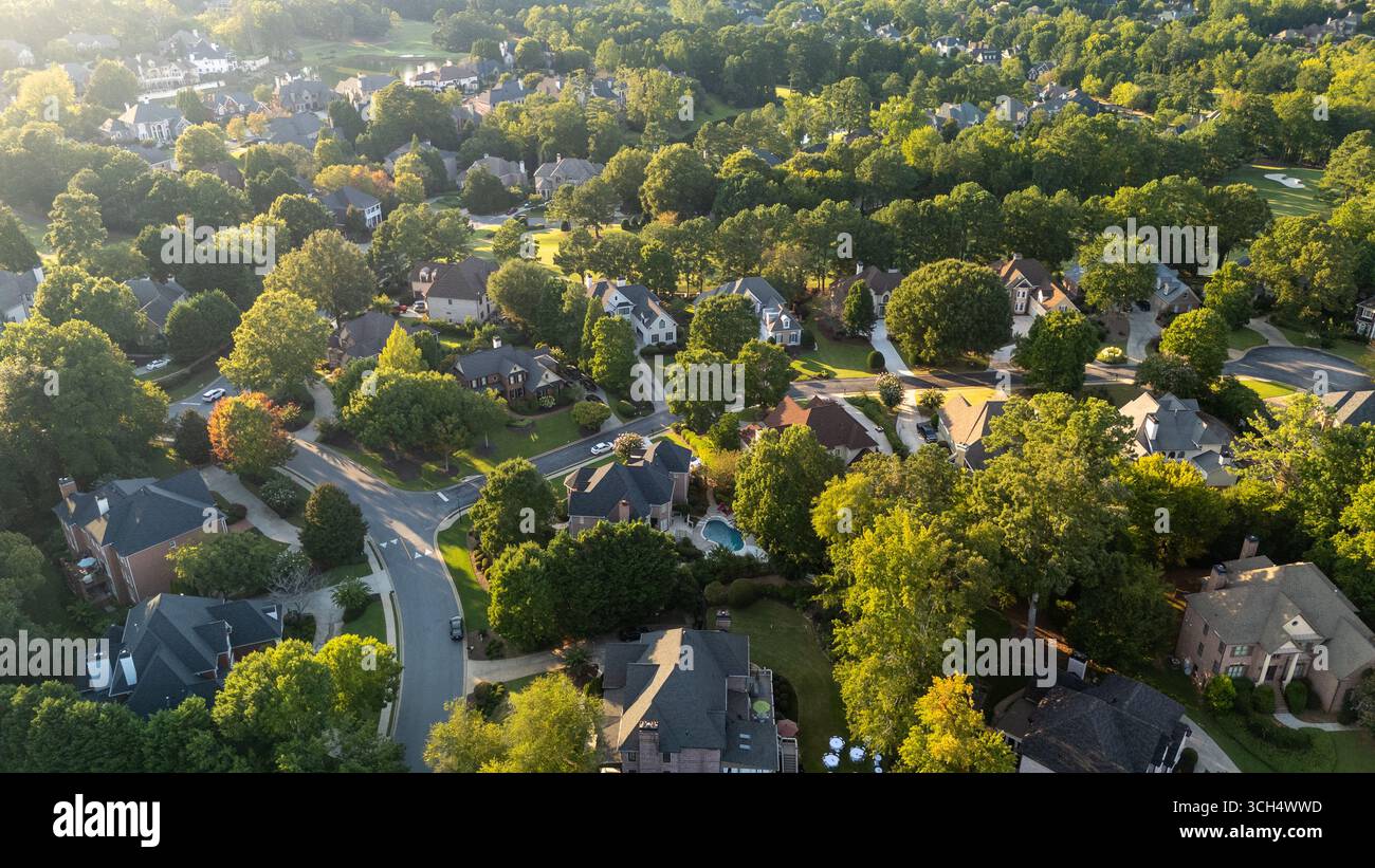 Aerial view of an upscale subdivision with beautiful houses in suburbs ...