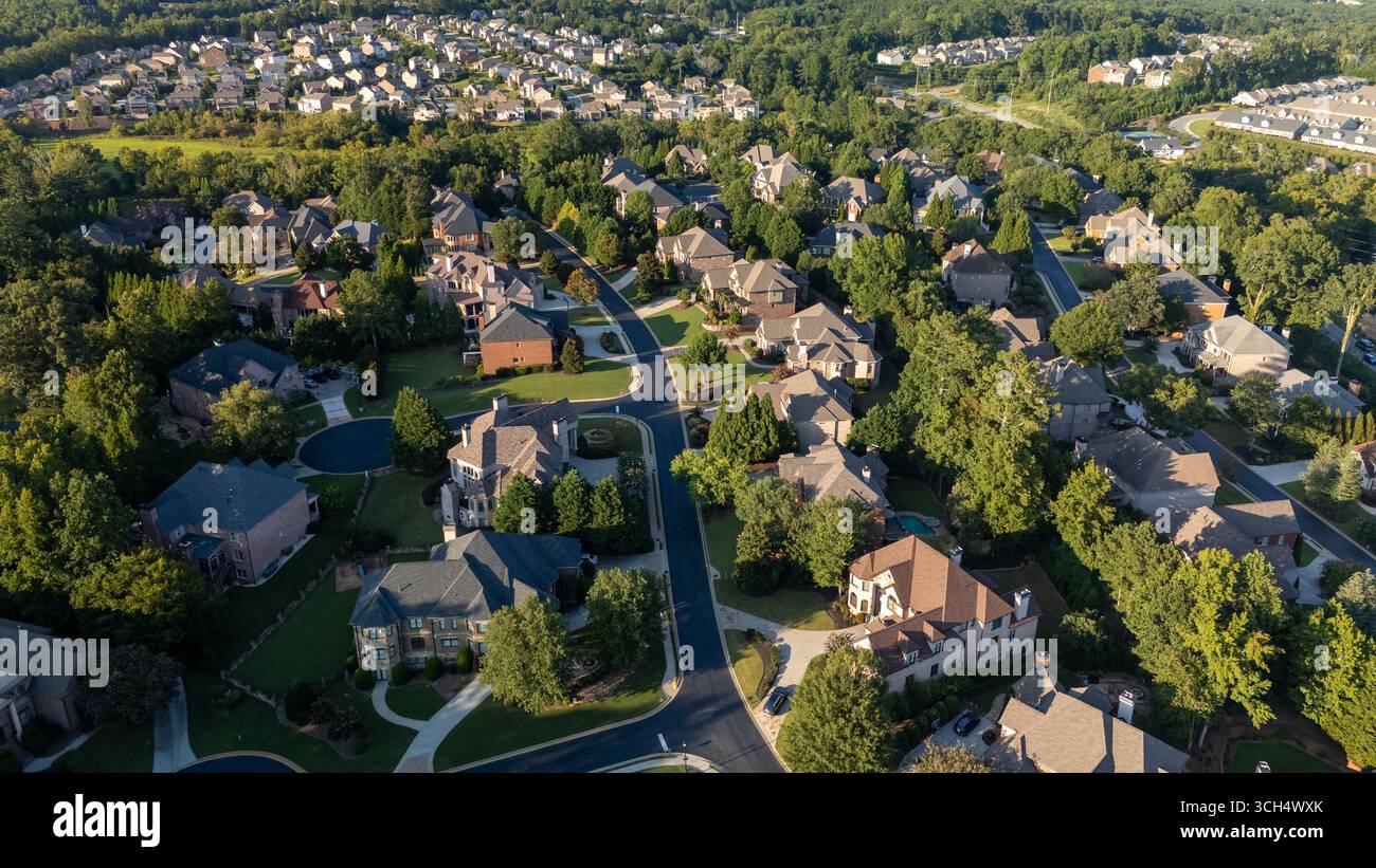 Aerial view of an upscale subdivision with beautiful houses in suburbs ...