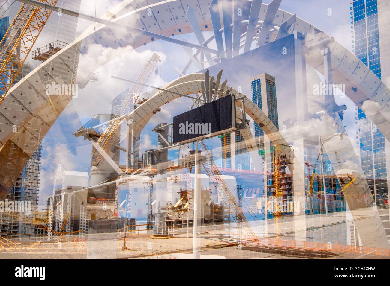 Double exposure bridge construction Downtown Miami Stock Photo - Alamy