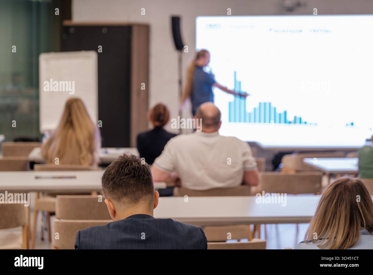 Informative seminar featuring graphs on screen with participants paying ...