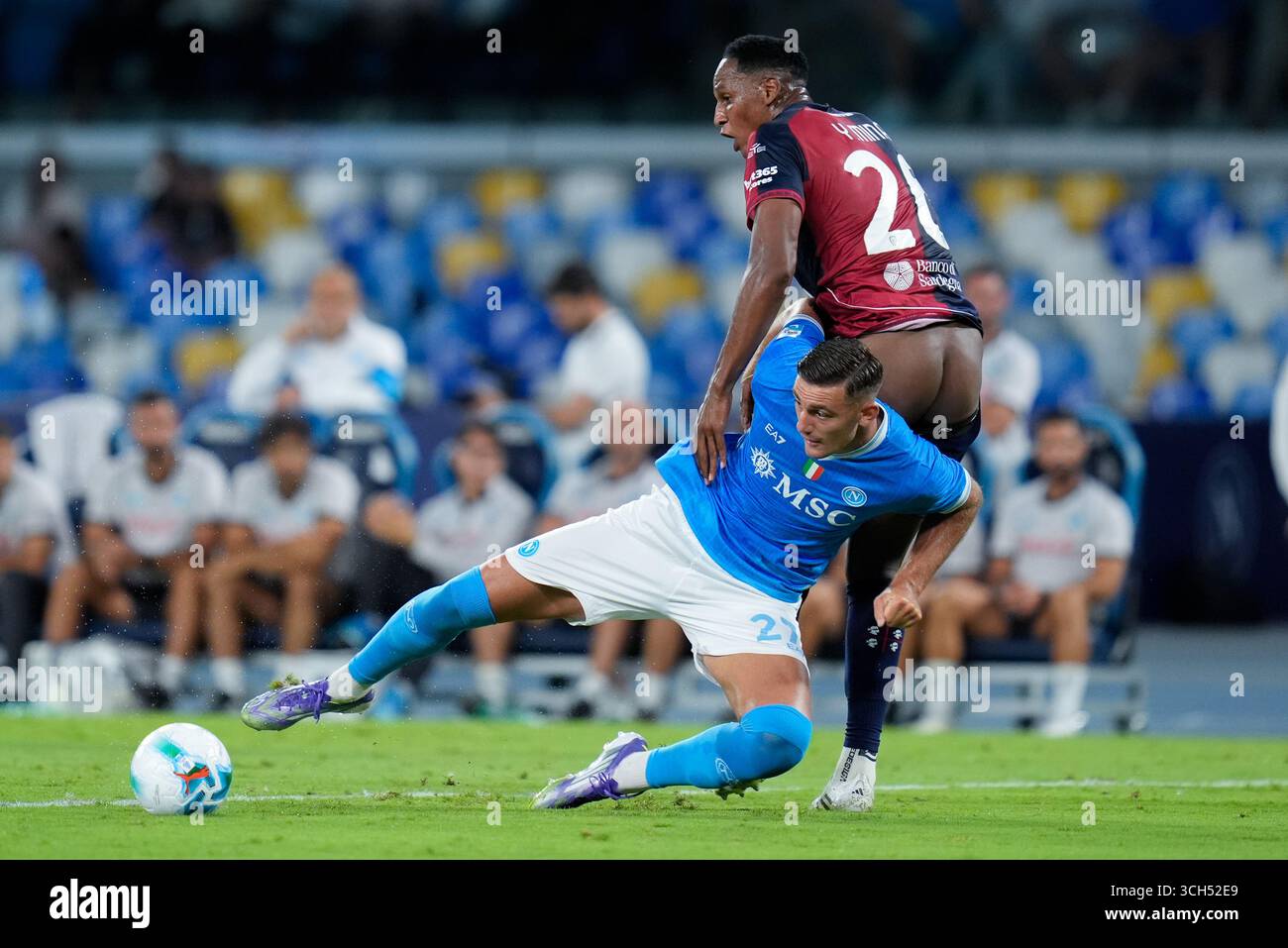 Naples, Italy. 30th Aug, 2025. Lorenzo Lucca of SSC Napoli pulls down ...