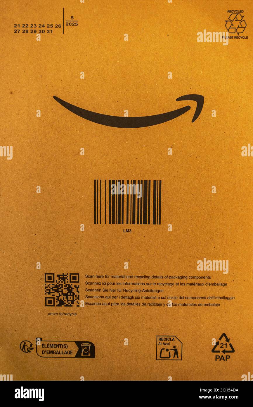 Amazon recycled cardboard package with barcode, logo and recycling ...
