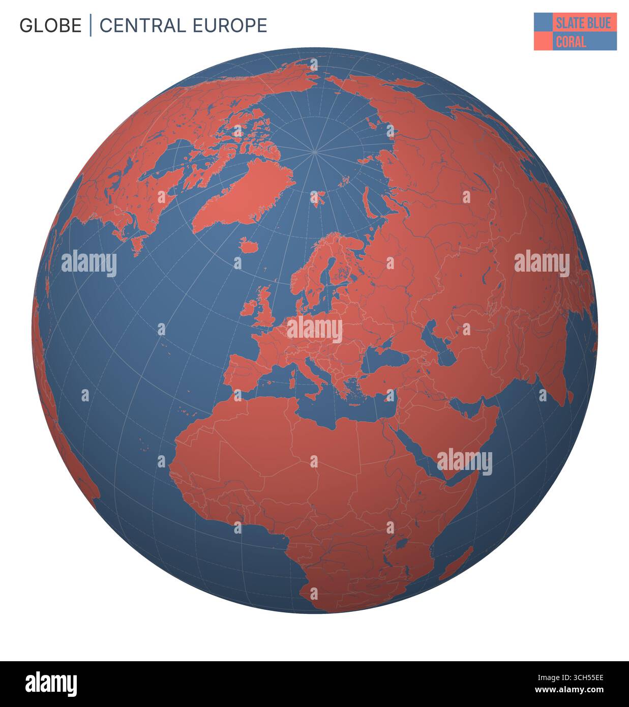 Vector globe centered on Central Europe. Slate Blue Coral palette ...