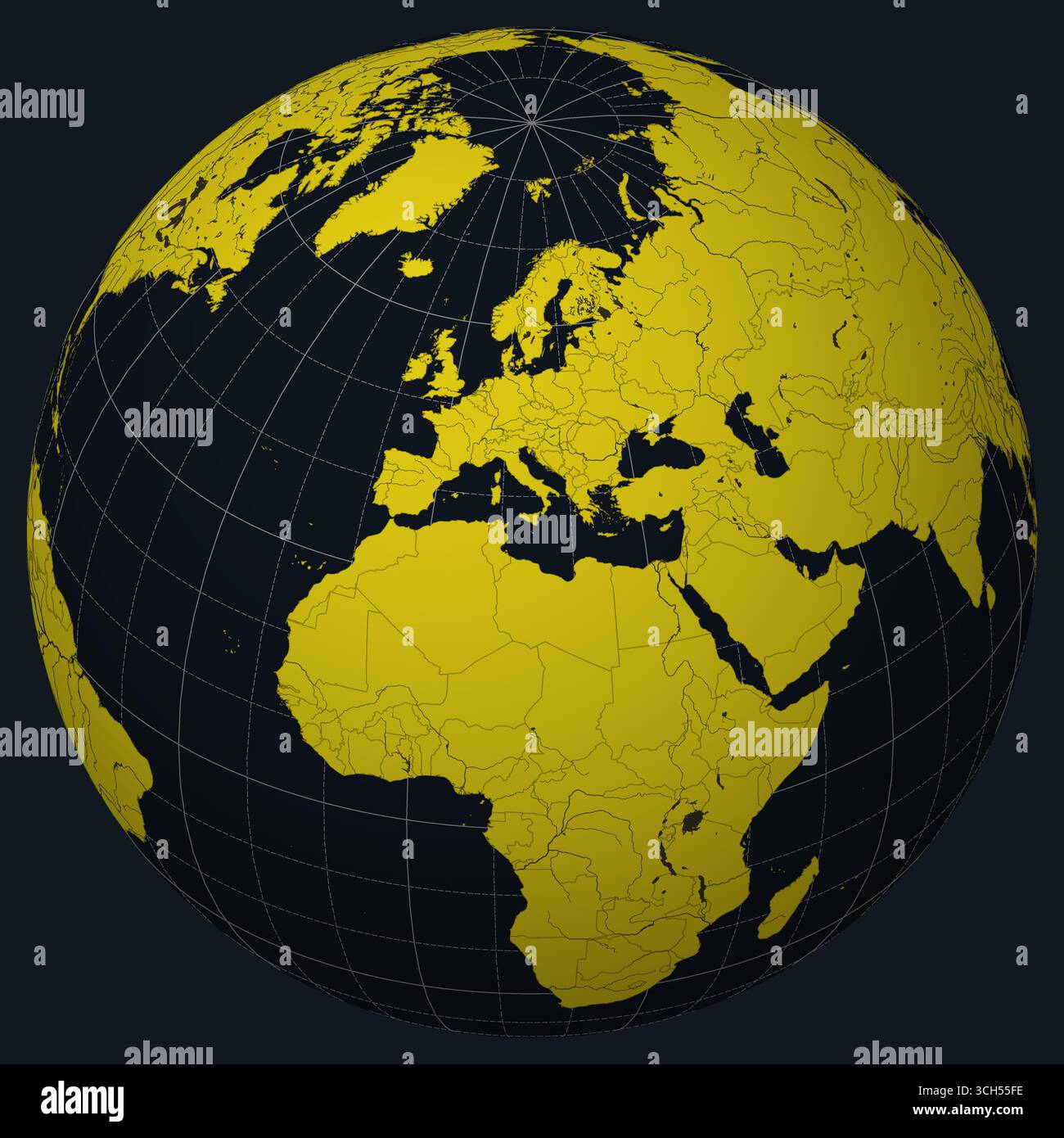 Malta on Globe. Country view on the world map in Charcoal Bright Yellow ...