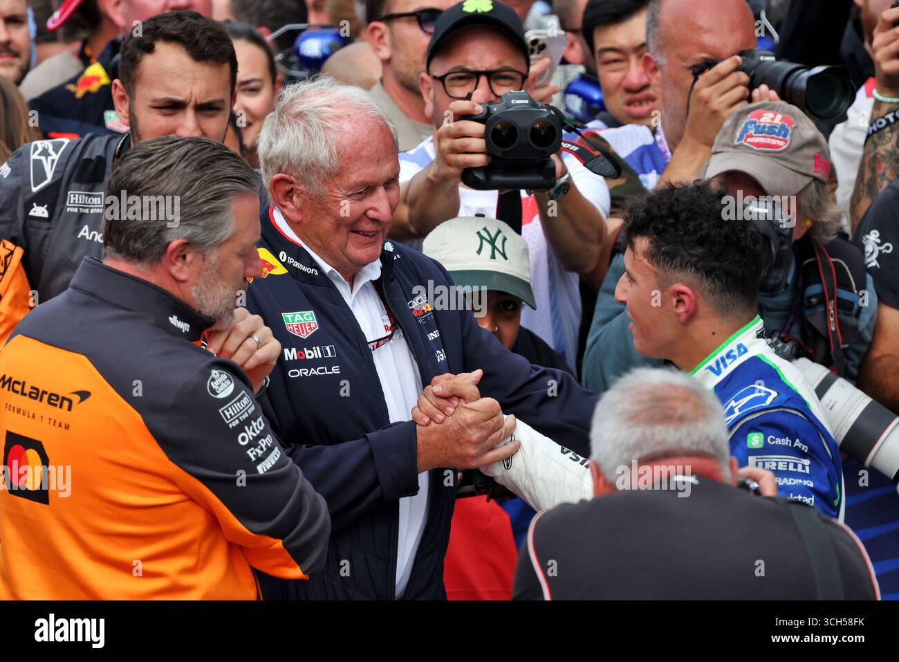 Isack Hadjar (FRA) Racing Bulls celebrates his third position in parc ...