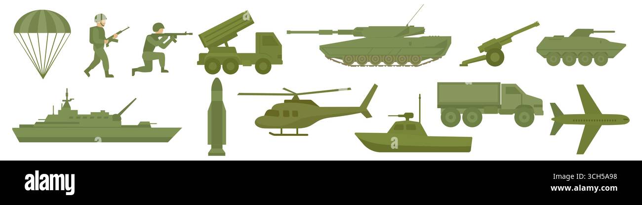 Set of military equipment. Military transport, army vehicles and war ...