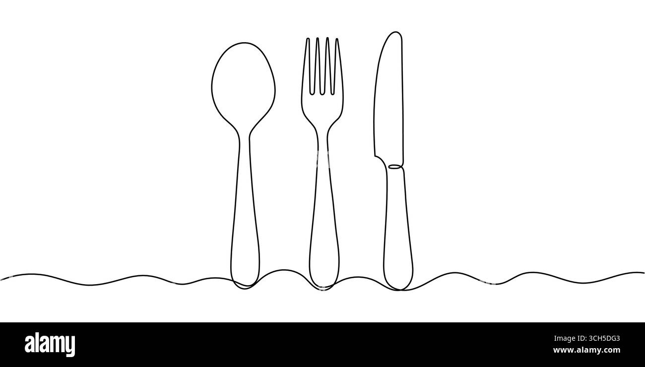 Continuous One Line Drawing. Spoons, Forks, Knife, Eating Utensils ...